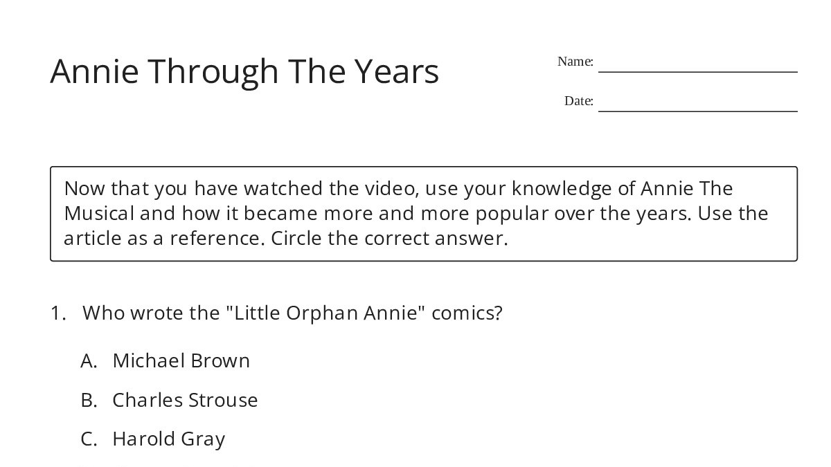 Annie Through The Years - My Worksheet Maker: Create Your Own Worksheets
