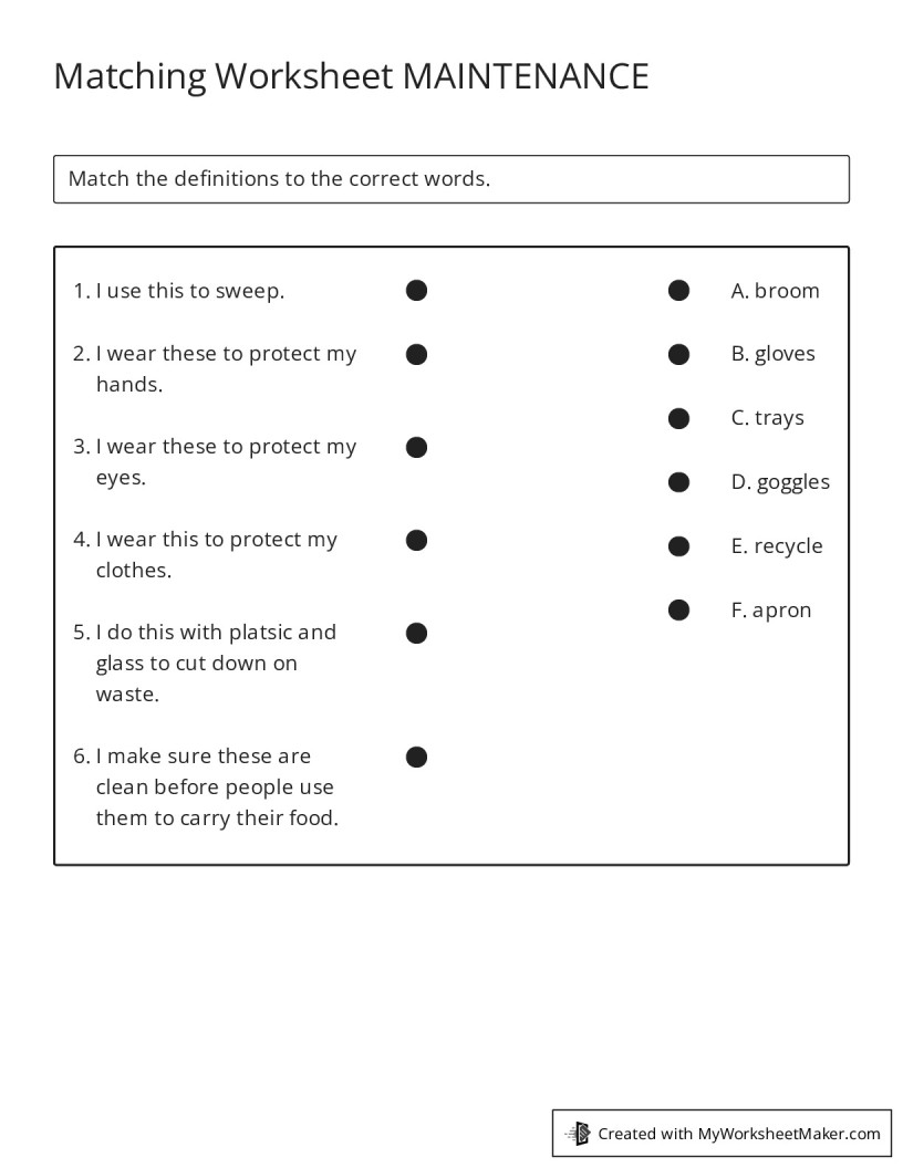Matching Worksheet MAINTENANCE - My Worksheet Maker: Create Your Own ...