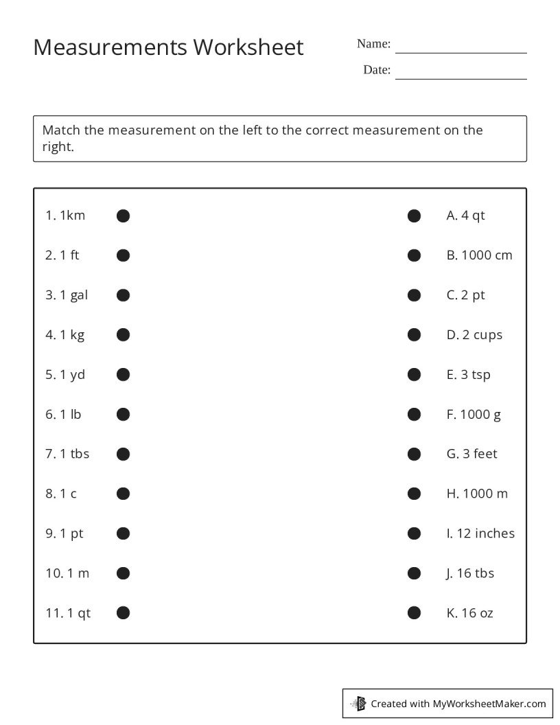 Measurements Worksheet - My Worksheet Maker: Create Your Own Worksheets