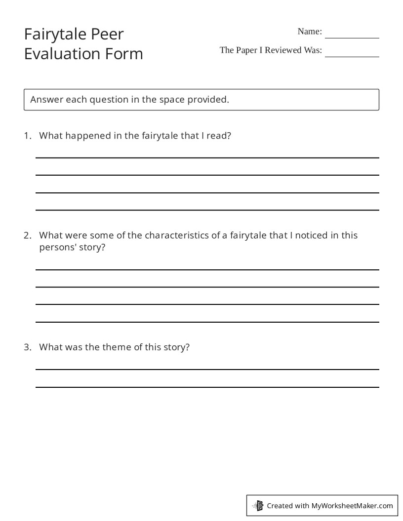 Fairytale Peer Evaluation Form - My Worksheet Maker: Create Your Own ...