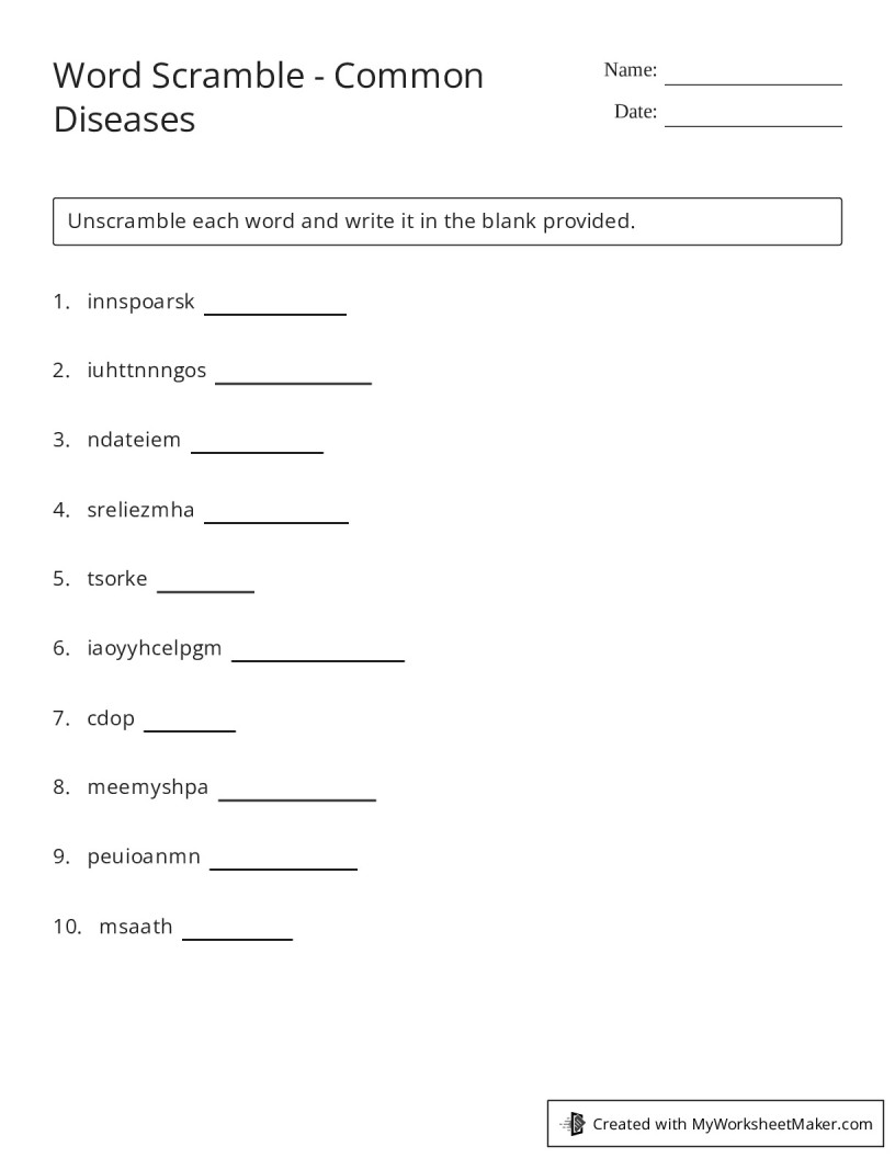 Word Scramble - Common Diseases - My Worksheet Maker: Create Your Own ...