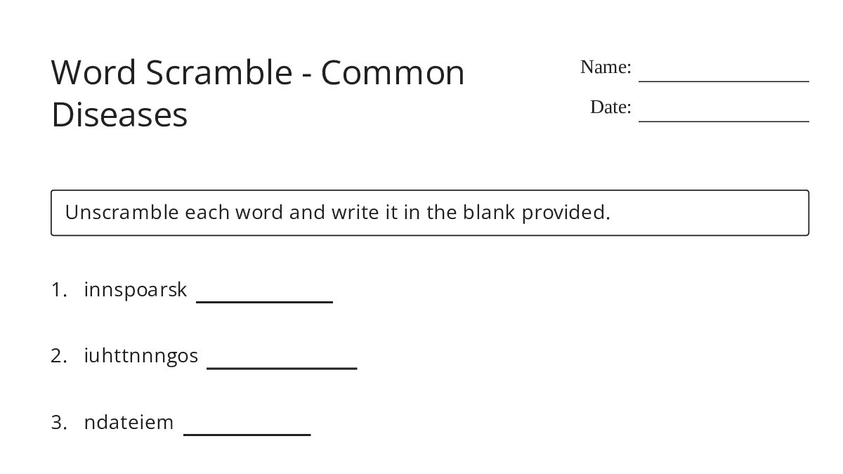 Word Scramble - Common Diseases - My Worksheet Maker: Create Your Own ...