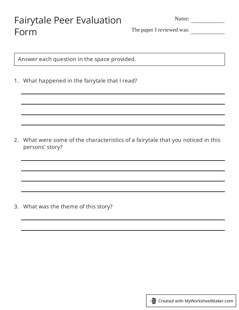 Fairytale Peer Evaluation Form - My Worksheet Maker: Create Your Own ...