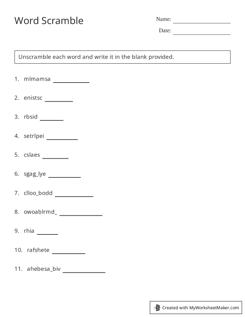 Word Scramble - My Worksheet Maker: Create Your Own Worksheets
