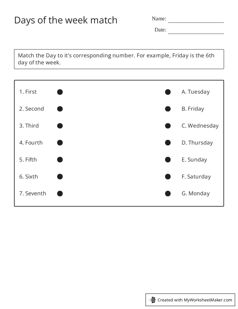 Days of the week match - My Worksheet Maker: Create Your Own Worksheets