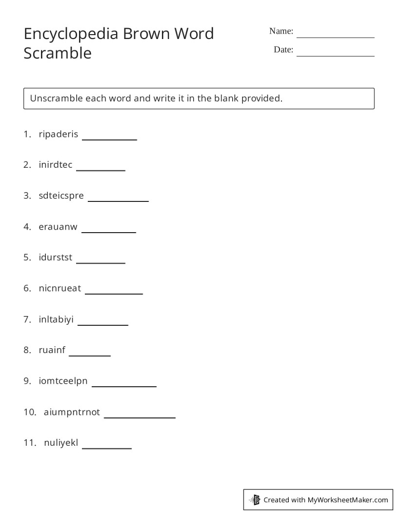 Encyclopedia Brown Word Scramble - My Worksheet Maker: Create Your Own ...