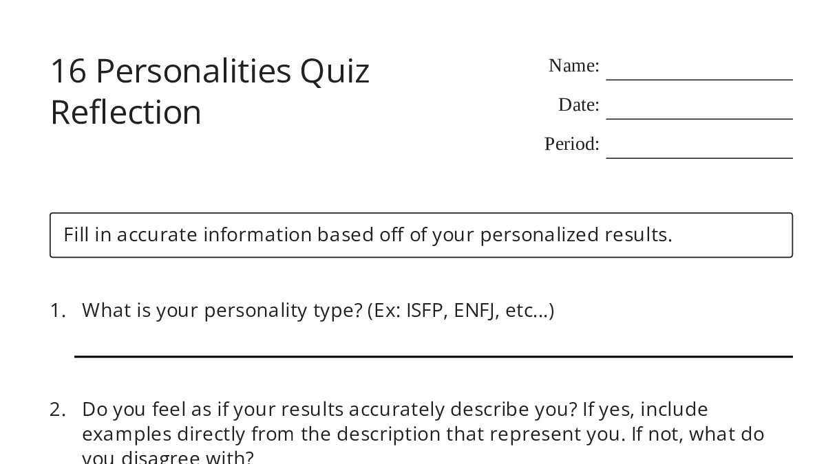 16 Personalities Quiz Reflection - My Worksheet Maker: Create Your Own ...