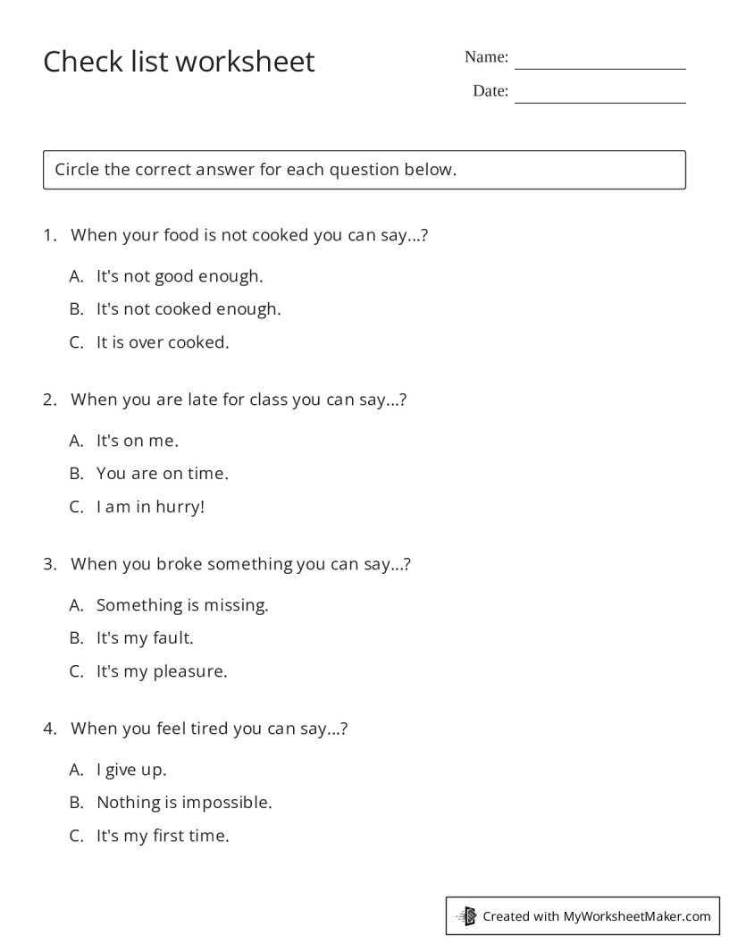 Check list worksheet - My Worksheet Maker: Create Your Own Worksheets