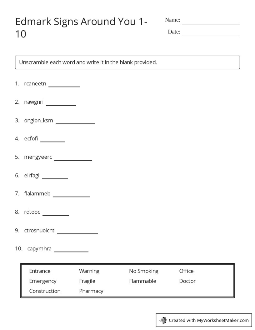 Edmark Signs Around You 1-10 - My Worksheet Maker: Create Your Own ...