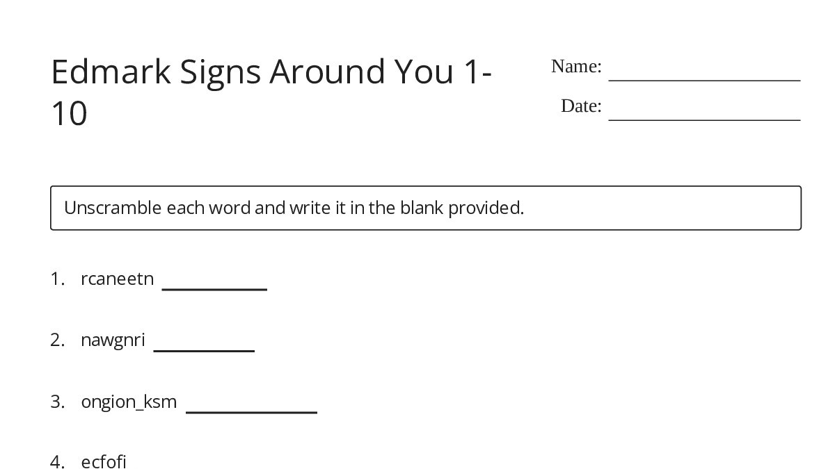 Edmark Signs Around You 1-10 - My Worksheet Maker: Create Your Own ...