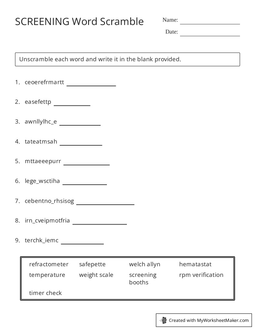 SCREENING Word Scramble - My Worksheet Maker: Create Your Own Worksheets