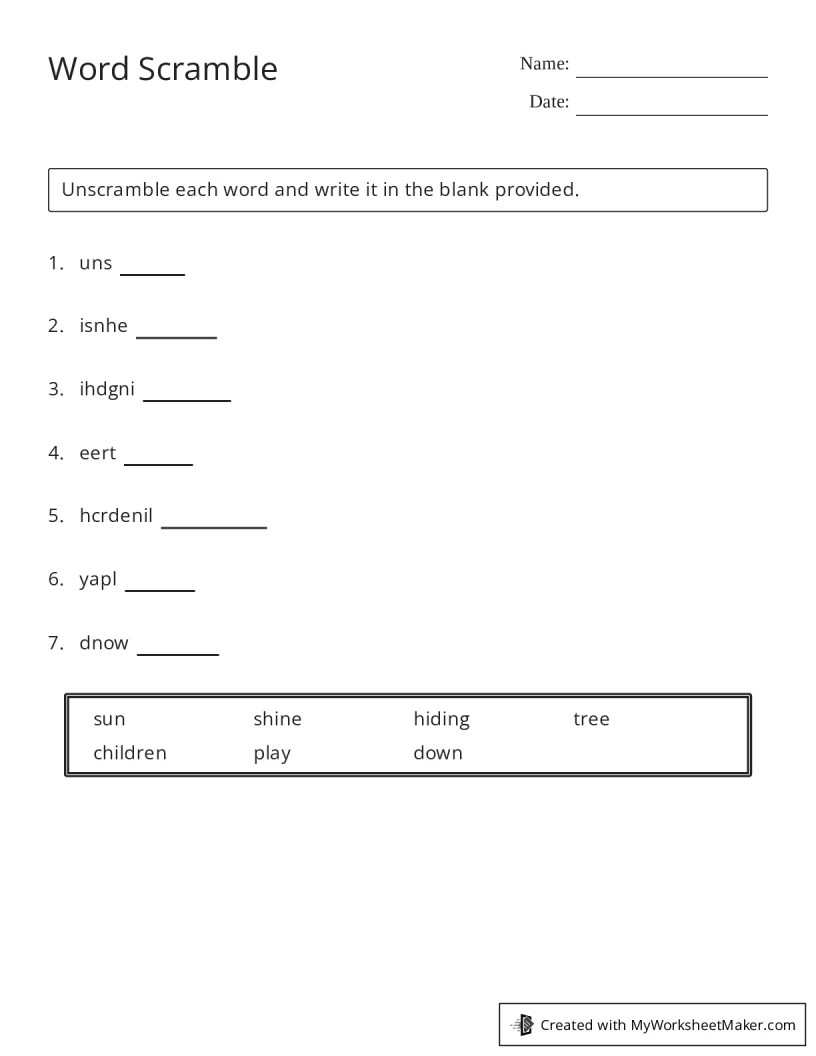 Word Scramble - My Worksheet Maker: Create Your Own Worksheets