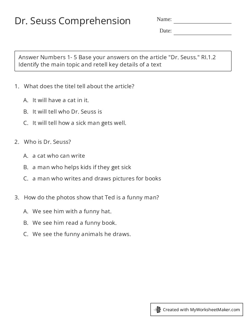 Dr. Seuss Comprehension - My Worksheet Maker: Create Your Own Worksheets