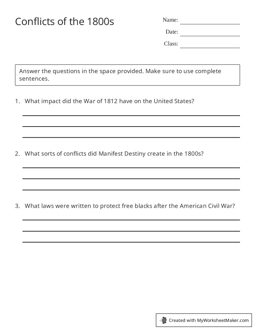 Conflicts of the 1800s - My Worksheet Maker: Create Your Own Worksheets