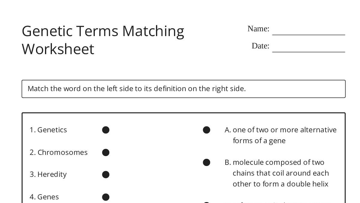 Genetic Terms Matching Worksheet - My Worksheet Maker: Create Your Own ...