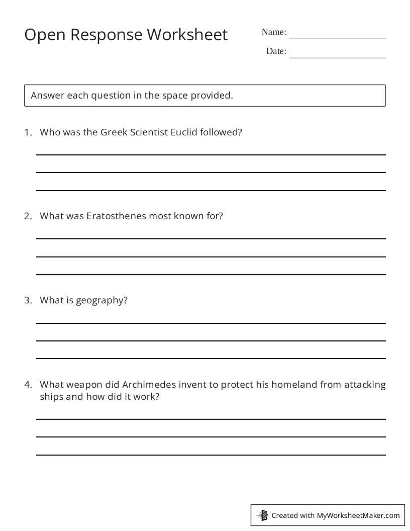 Open Response Worksheet - My Worksheet Maker: Create Your Own Worksheets