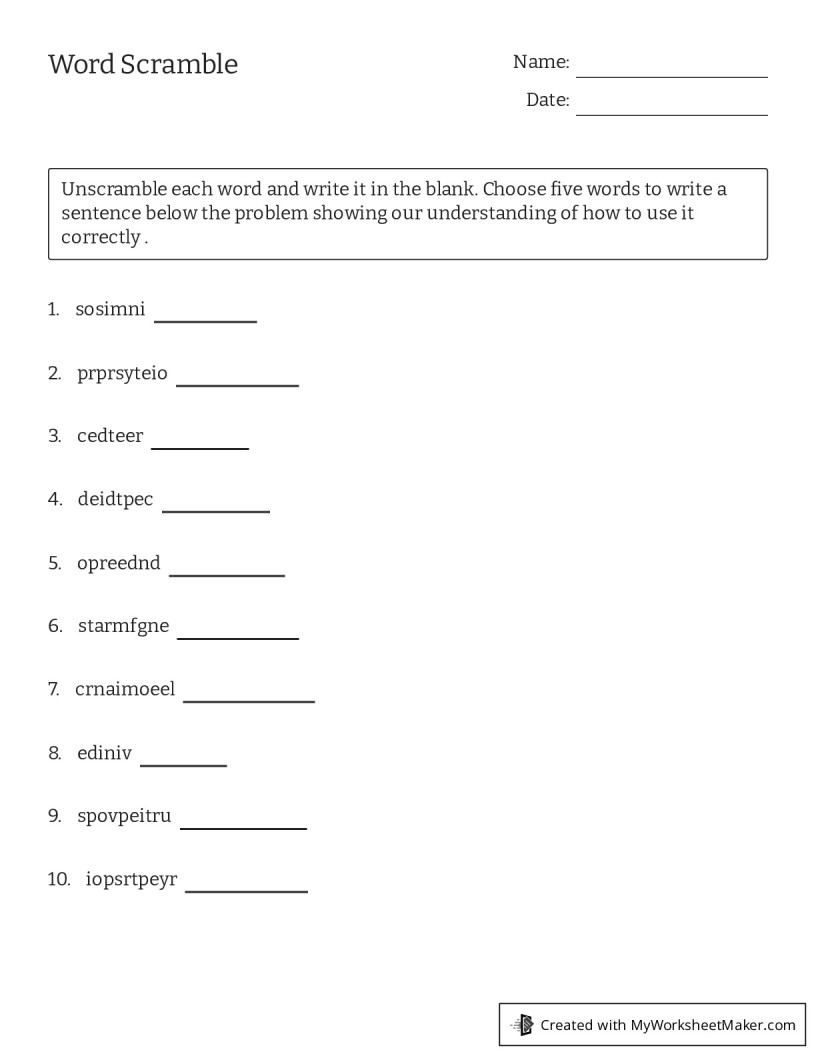 Word Scramble - My Worksheet Maker: Create Your Own Worksheets