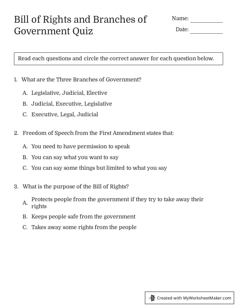Bill of Rights and Branches of Government Quiz - My Worksheet Maker ...