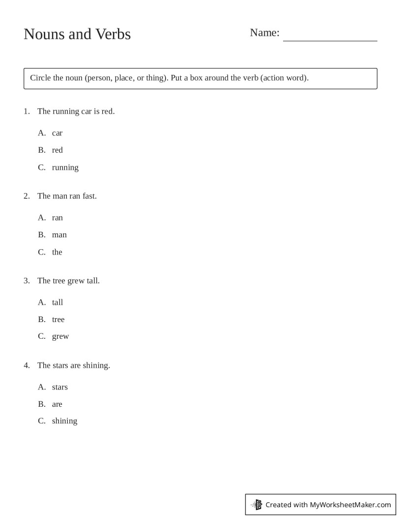 Nouns and Verbs - My Worksheet Maker: Create Your Own Worksheets
