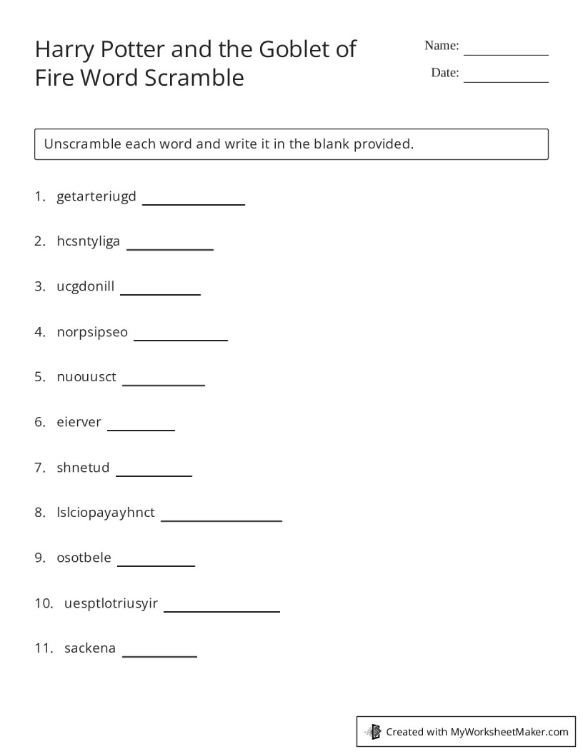 Harry Potter and the Goblet of Fire Word Scramble - My Worksheet Maker ...