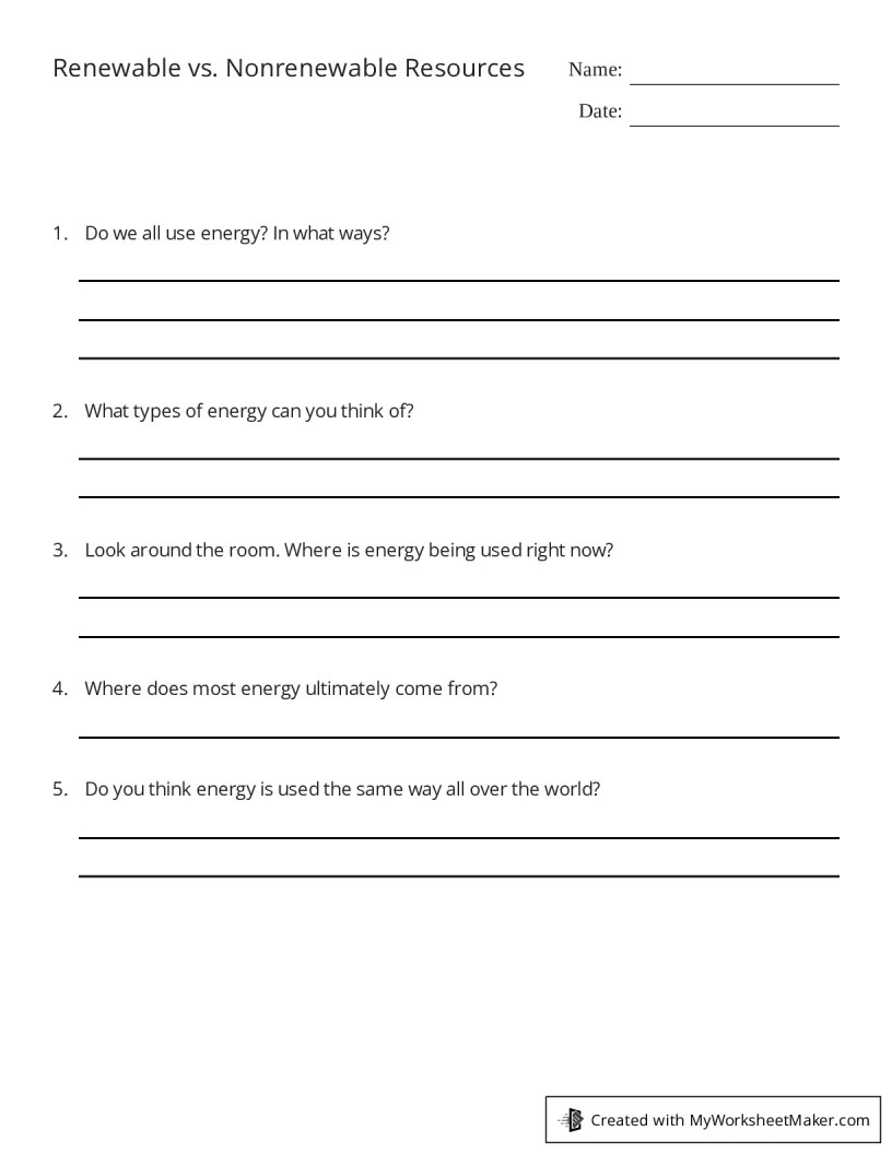 Renewable vs. Nonrenewable Resources - My Worksheet Maker: Create Your ...