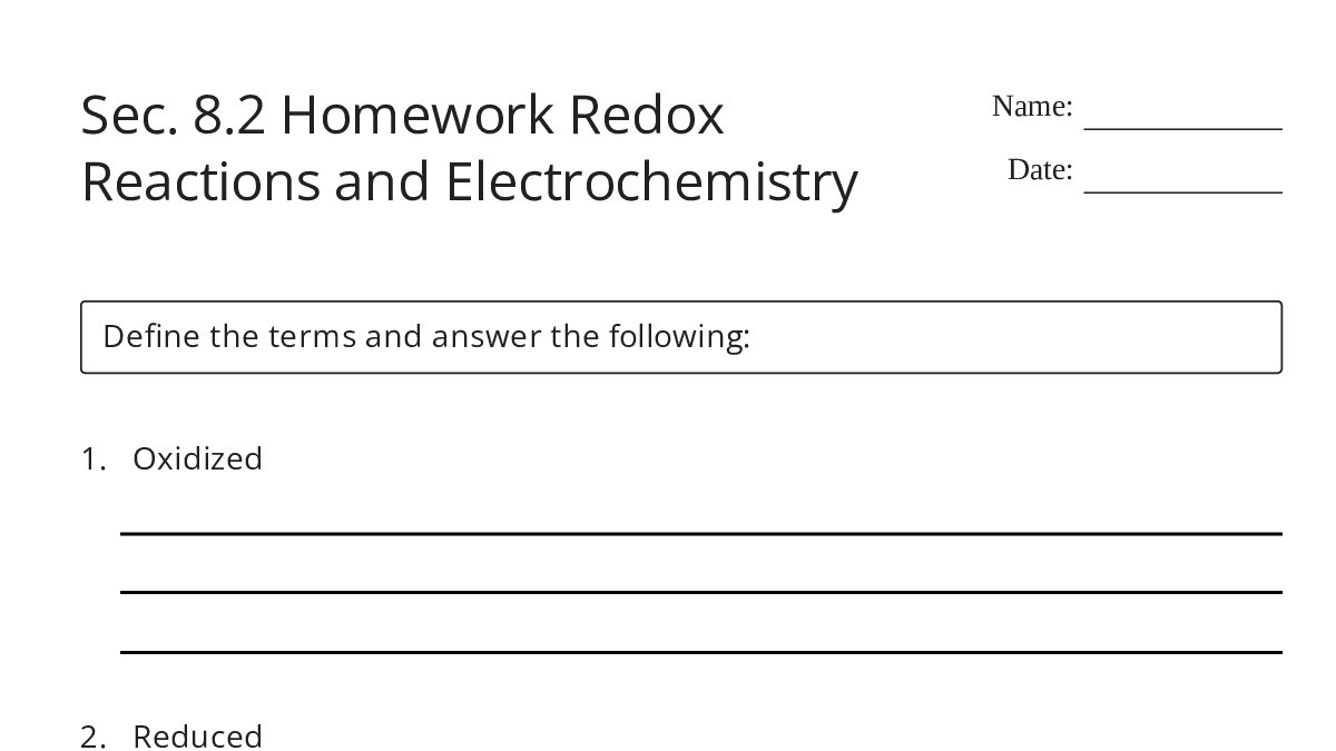 Sec. 8.2 Homework Redox Reactions and Electrochemistry - My Worksheet ...