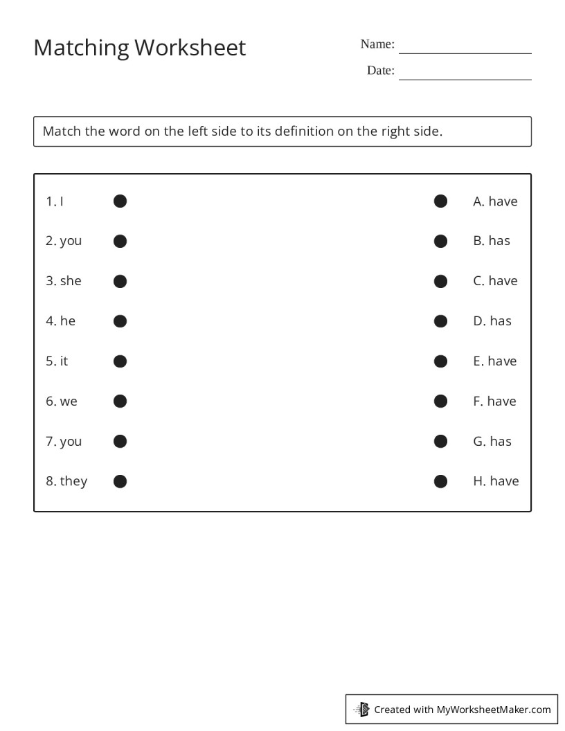 Matching Worksheet - My Worksheet Maker: Create Your Own Worksheets