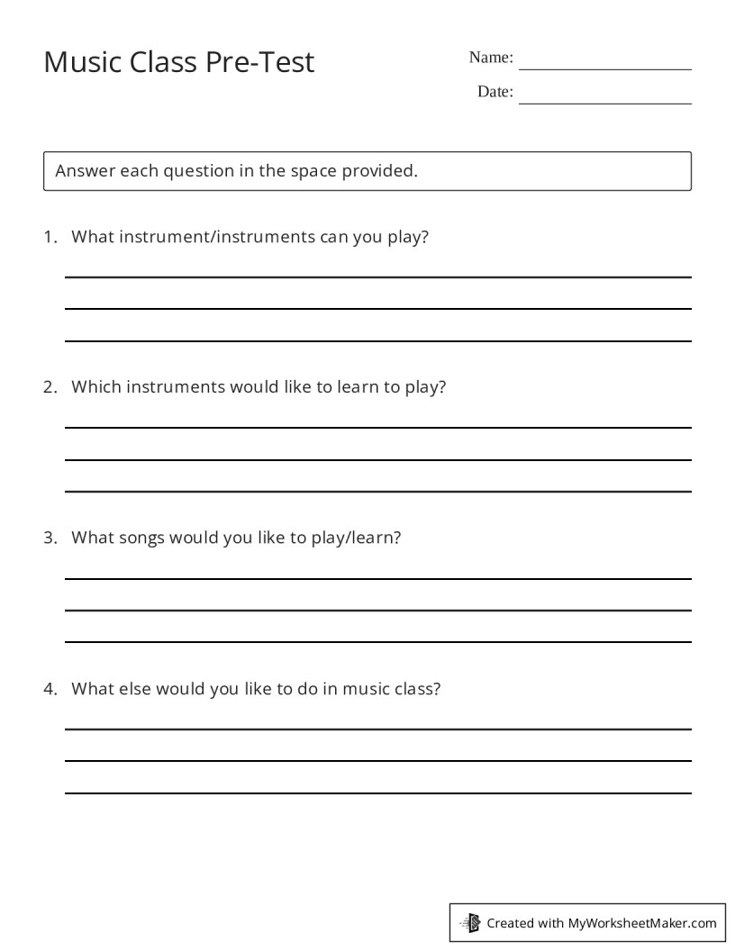 Music Class Pre-Test - My Worksheet Maker: Create Your Own Worksheets