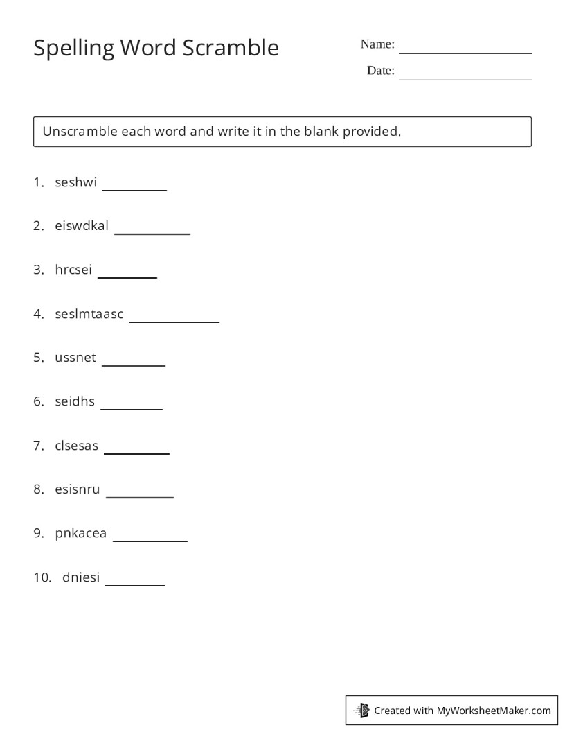 Spelling Word Scramble - My Worksheet Maker: Create Your Own Worksheets