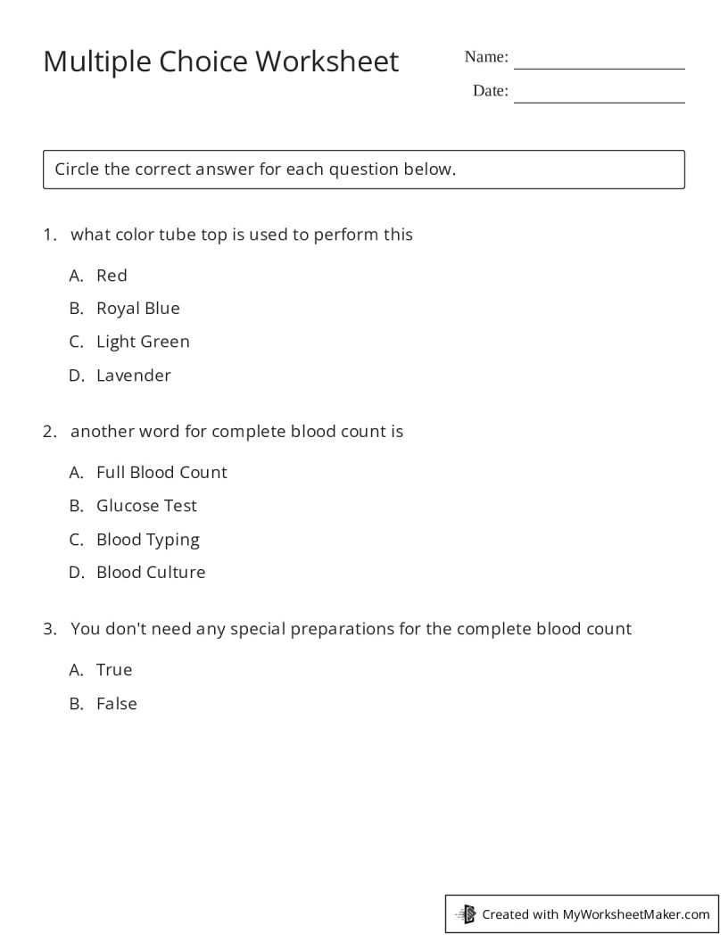 Multiple Choice Worksheet - My Worksheet Maker: Create Your Own Worksheets