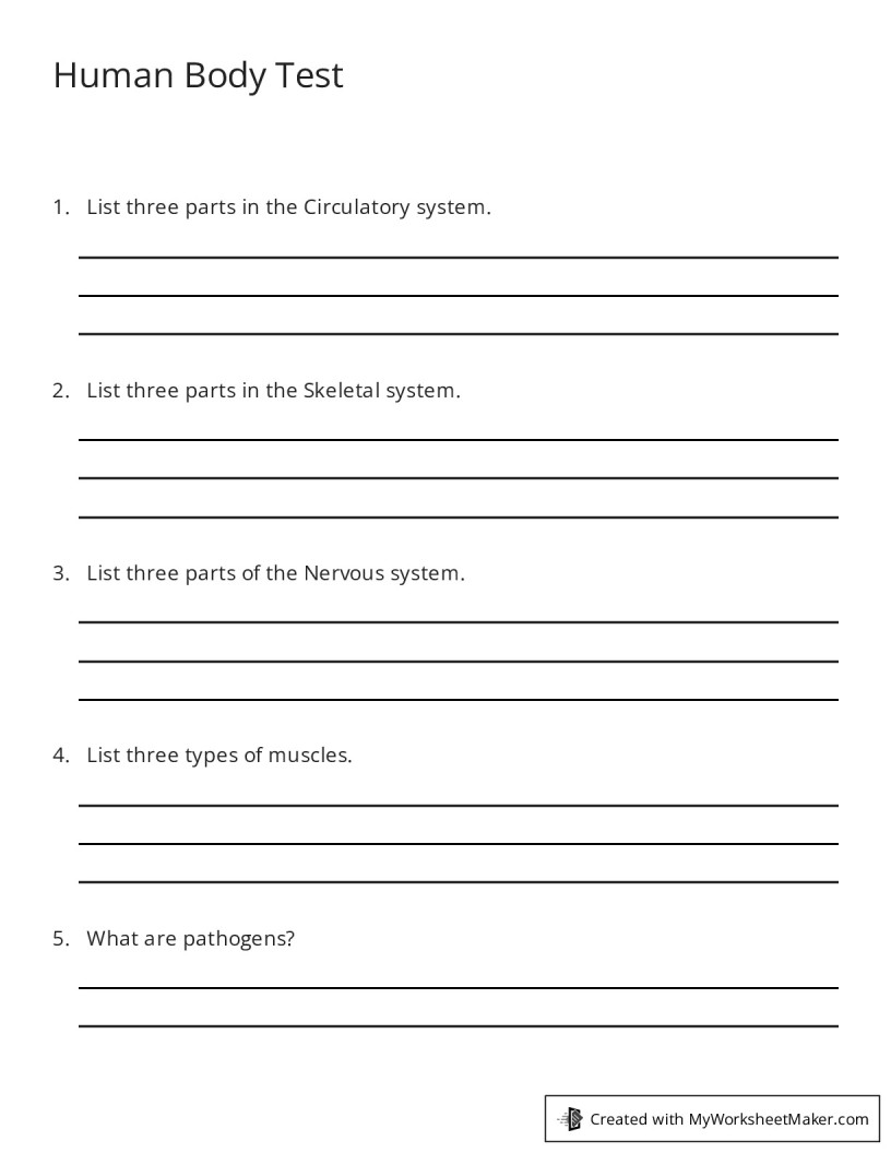 Human Body Test - My Worksheet Maker: Create Your Own Worksheets