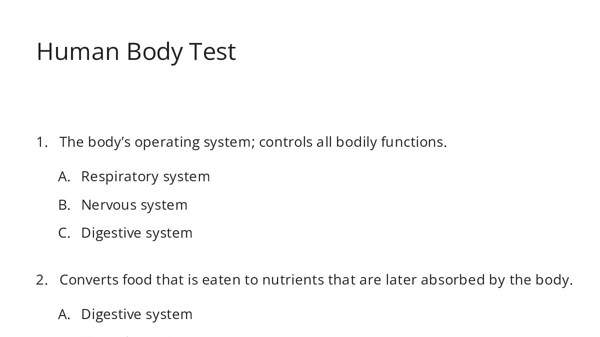 Human Body Test - My Worksheet Maker: Create Your Own Worksheets
