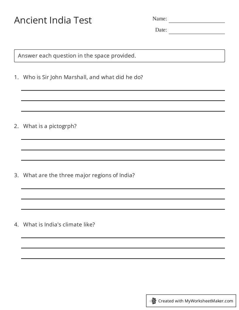Ancient India Test - My Worksheet Maker: Create Your Own Worksheets