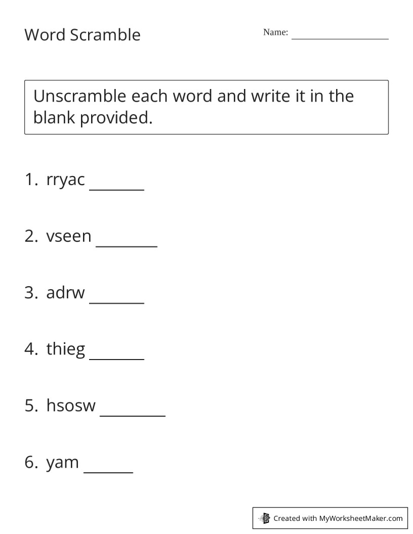 Word Scramble - My Worksheet Maker: Create Your Own Worksheets