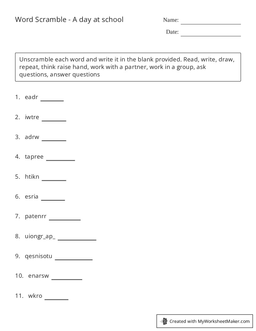 Word Scramble - A day at school - My Worksheet Maker: Create Your Own ...