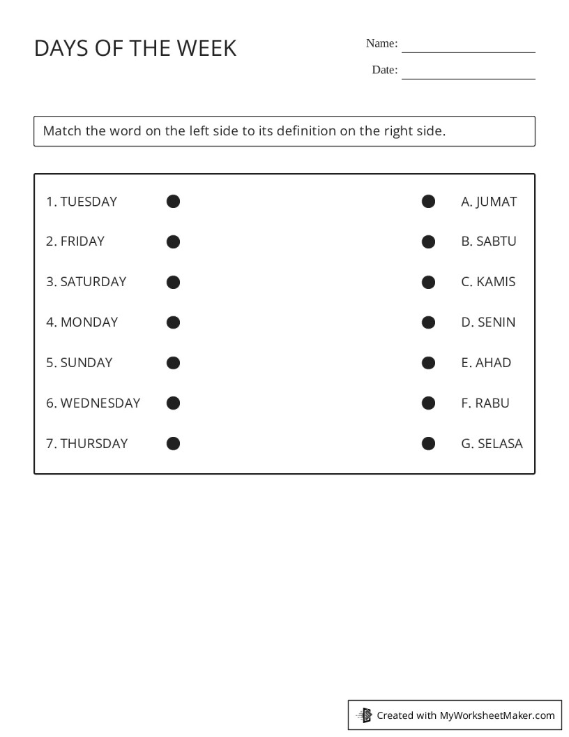 DAYS OF THE WEEK - My Worksheet Maker: Create Your Own Worksheets