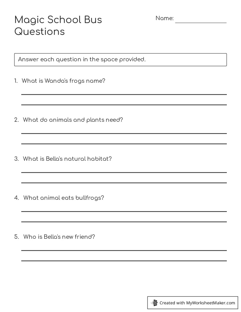 Magic School Bus Questions - My Worksheet Maker: Create Your Own Worksheets