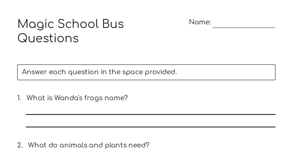 Magic School Bus Questions - My Worksheet Maker: Create Your Own Worksheets