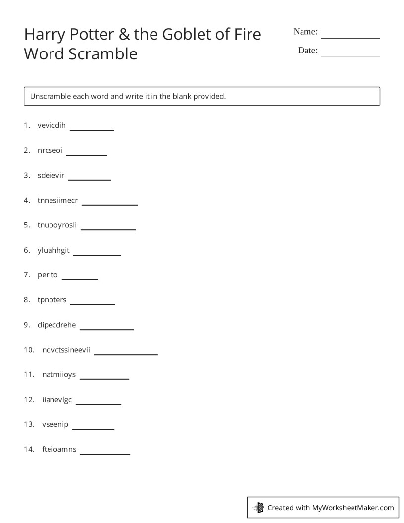 Harry Potter & the Goblet of Fire Word Scramble - My Worksheet Maker ...
