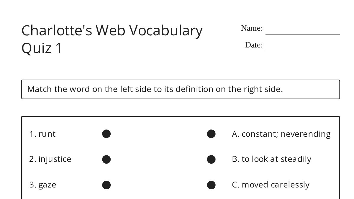 Charlotte's Web Vocabulary Quiz 1 - My Worksheet Maker: Create Your Own ...