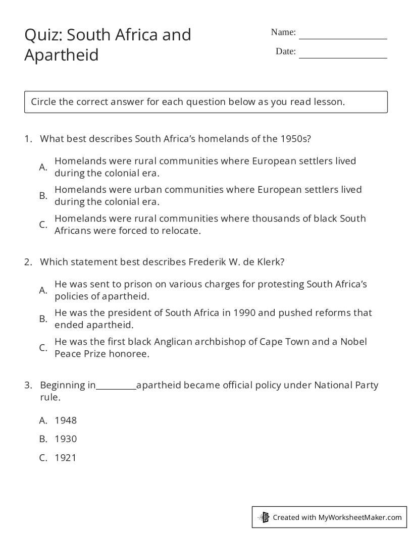 Quiz: South Africa and Apartheid - My Worksheet Maker: Create Your Own ...
