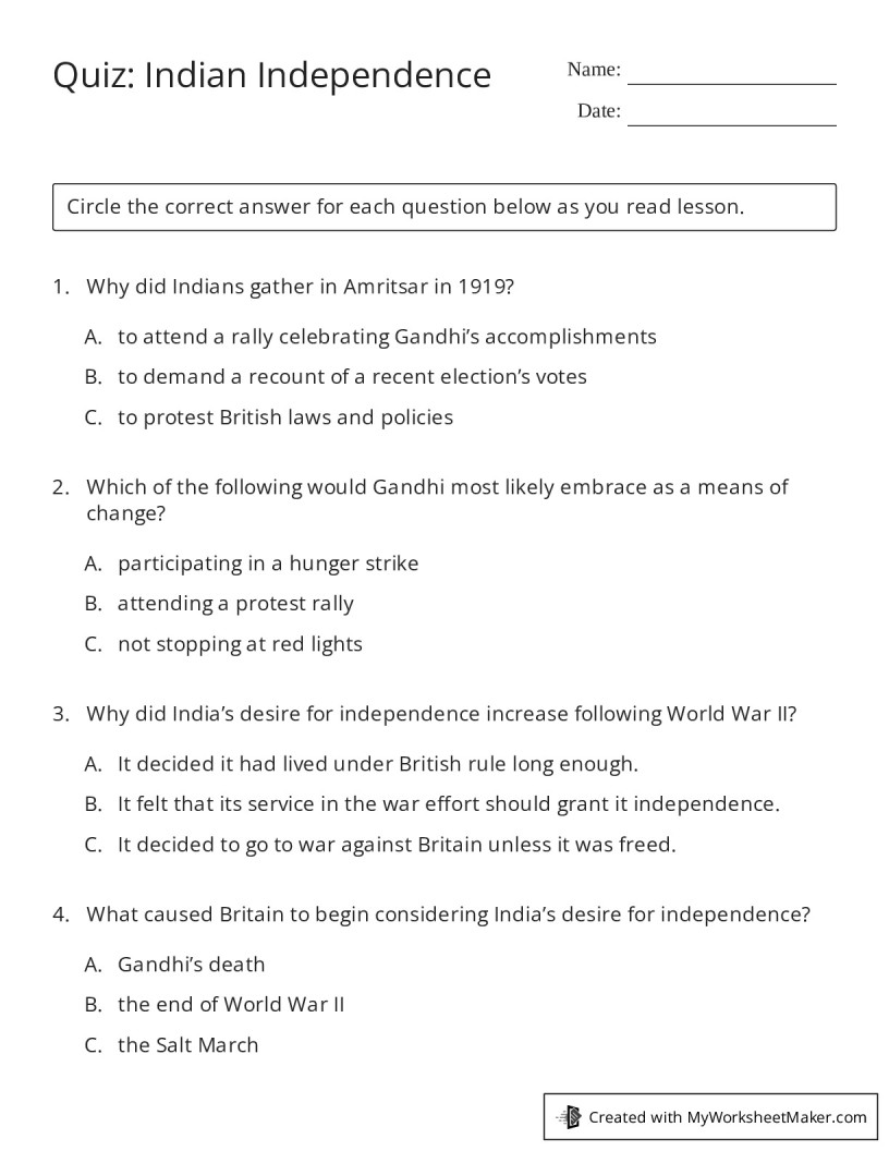Quiz: Indian Independence - My Worksheet Maker: Create Your Own Worksheets