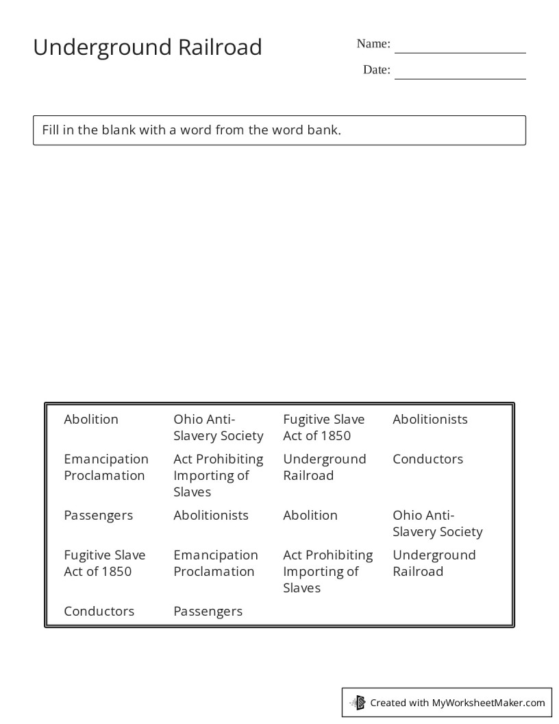 Underground Railroad - My Worksheet Maker: Create Your Own Worksheets