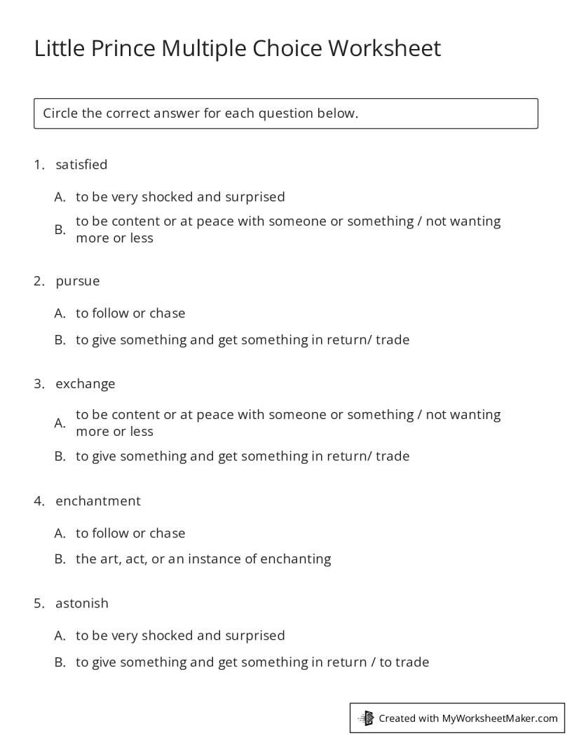 Little Prince Multiple Choice Worksheet - My Worksheet Maker: Create Your Own Worksheets