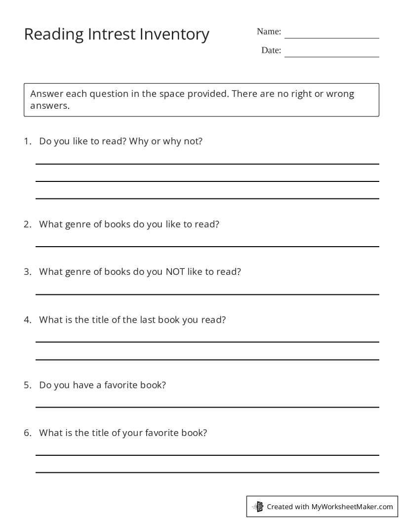 Reading Intrest Inventory - My Worksheet Maker: Create Your Own Worksheets