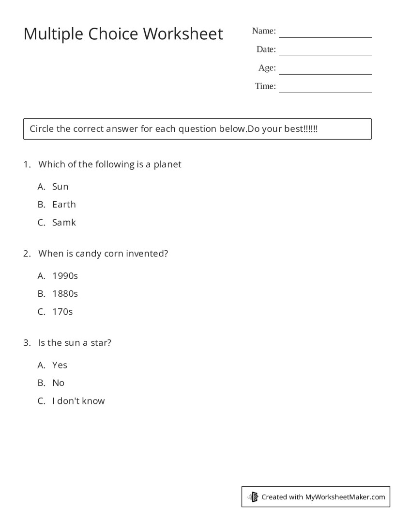 Multiple Choice Worksheet - My Worksheet Maker: Create Your Own Worksheets