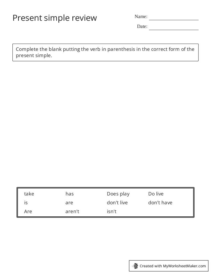 Present simple review - My Worksheet Maker: Create Your Own Worksheets