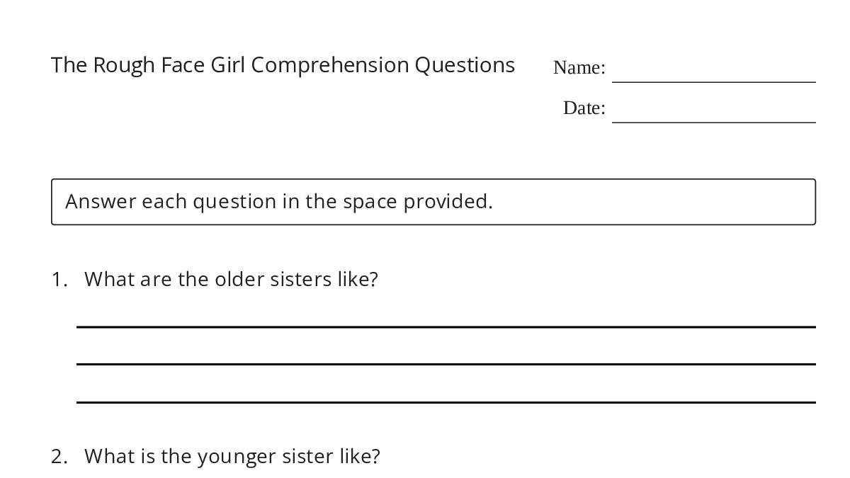 The Rough Face Girl Comprehension Questions - My Worksheet Maker ...