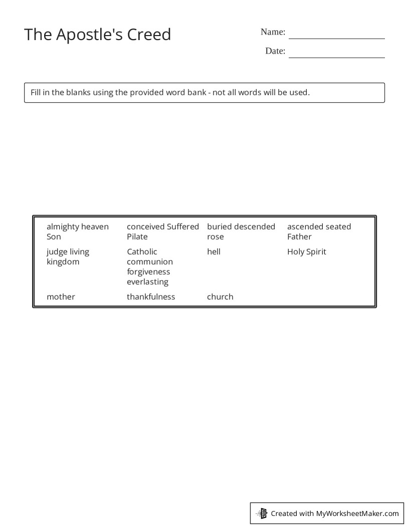 The Apostle's Creed - My Worksheet Maker: Create Your Own Worksheets