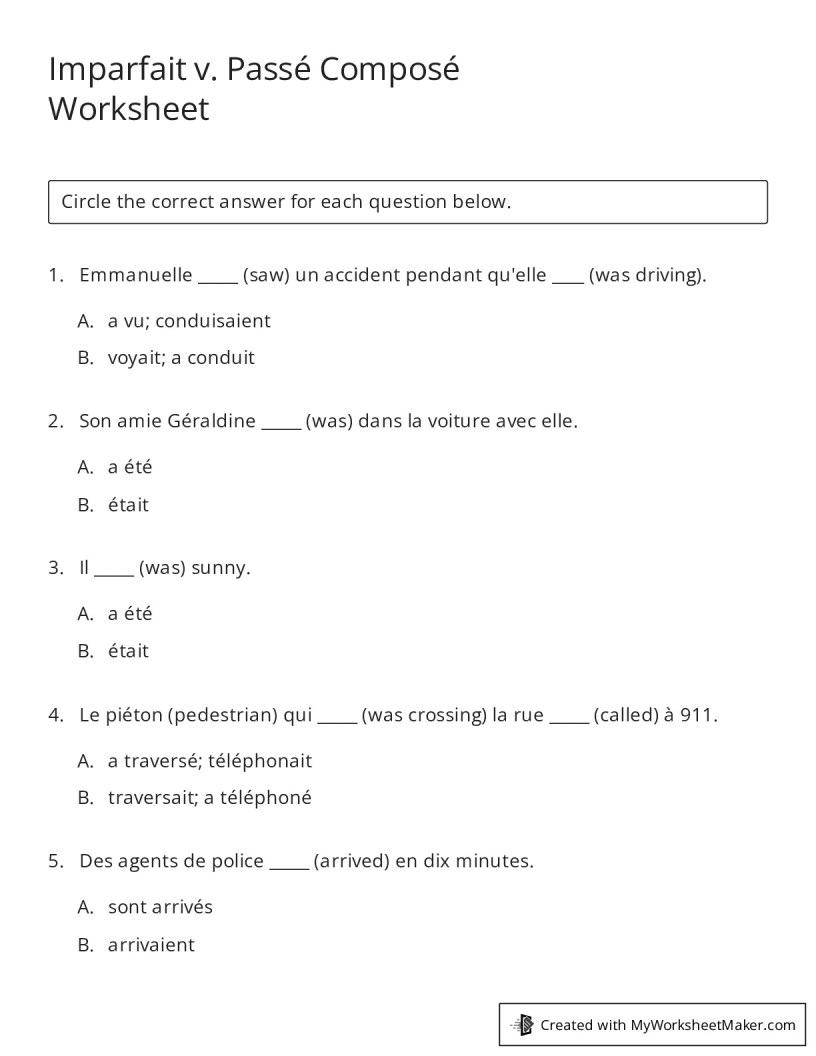 Imparfait v. Passé Composé Worksheet - My Worksheet Maker: Create Your ...